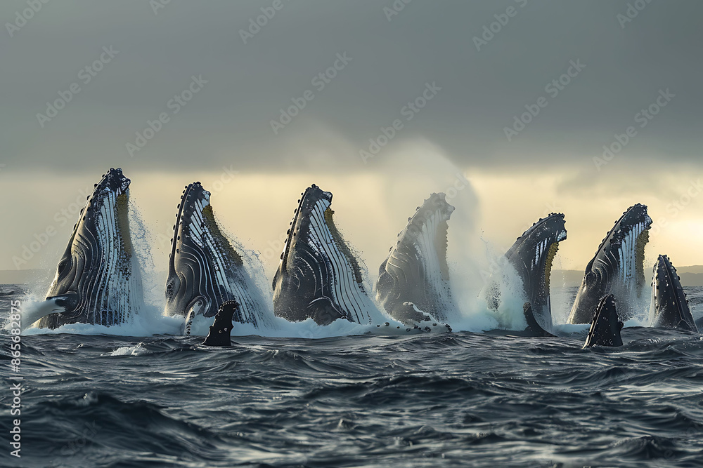 Pod of humpback whales breaching waters of the Silver Bank Dominican ...