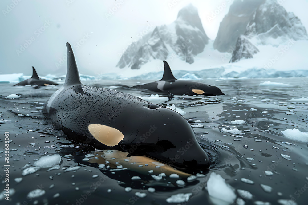 Pod of orcas swimming icy waters of Antarctic Peninsula photographed a ...