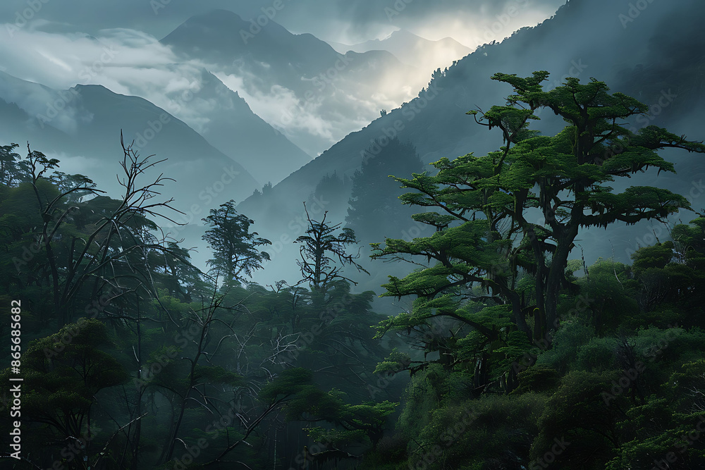 Serene landscape of the Valdivian Temperate Rainforest in Chile ...