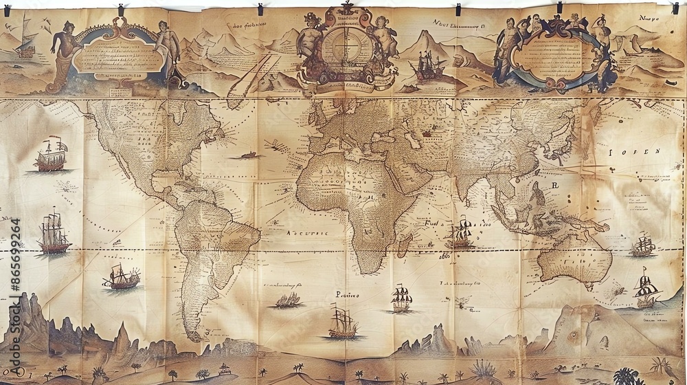 An old world map shows the continents and oceans as they were known in ...