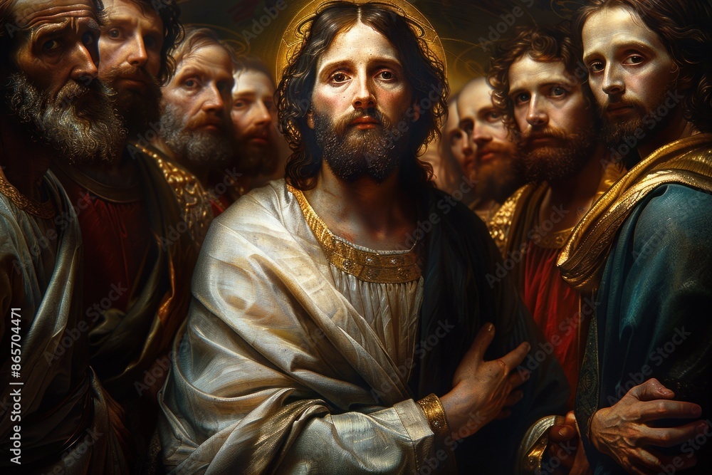 Holy tableau: a portrait of Jesus Christ and his 12 apostles, unity and ...