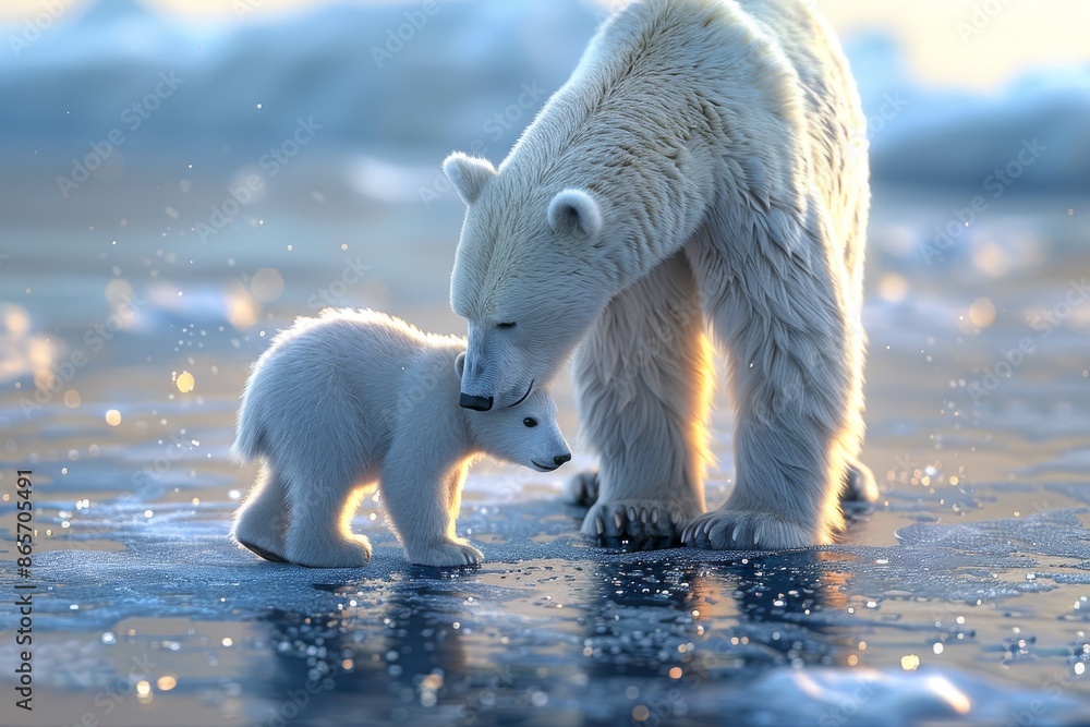 Fluffy cute polar bear mama and her cub pushing and dragging ice cube ...