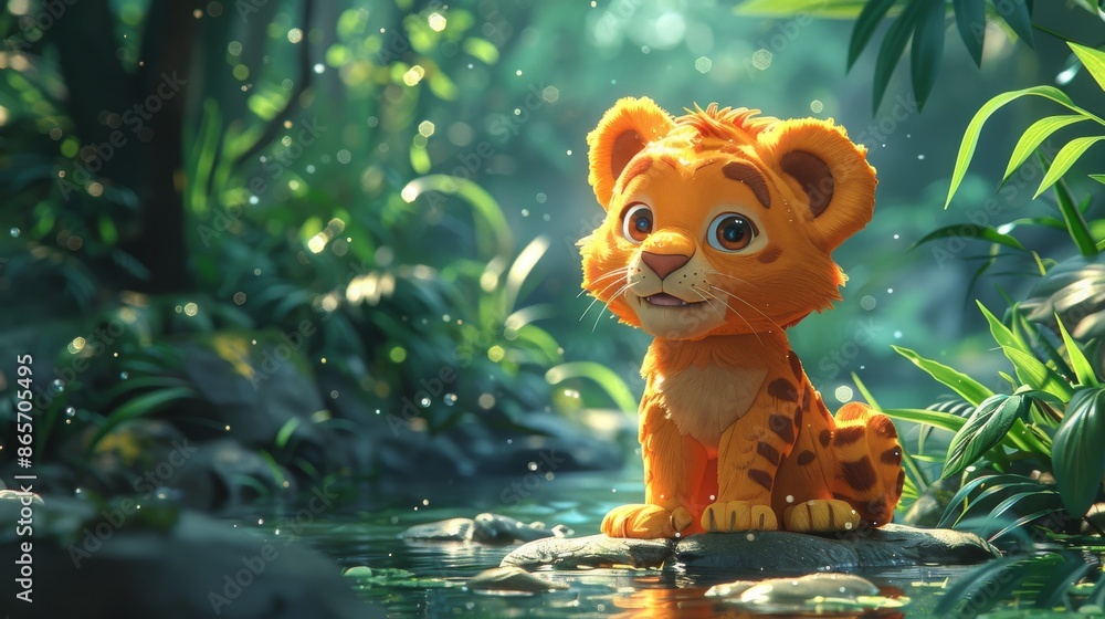 Cartoon illustration of a jungle scene with animated jungle animals ...