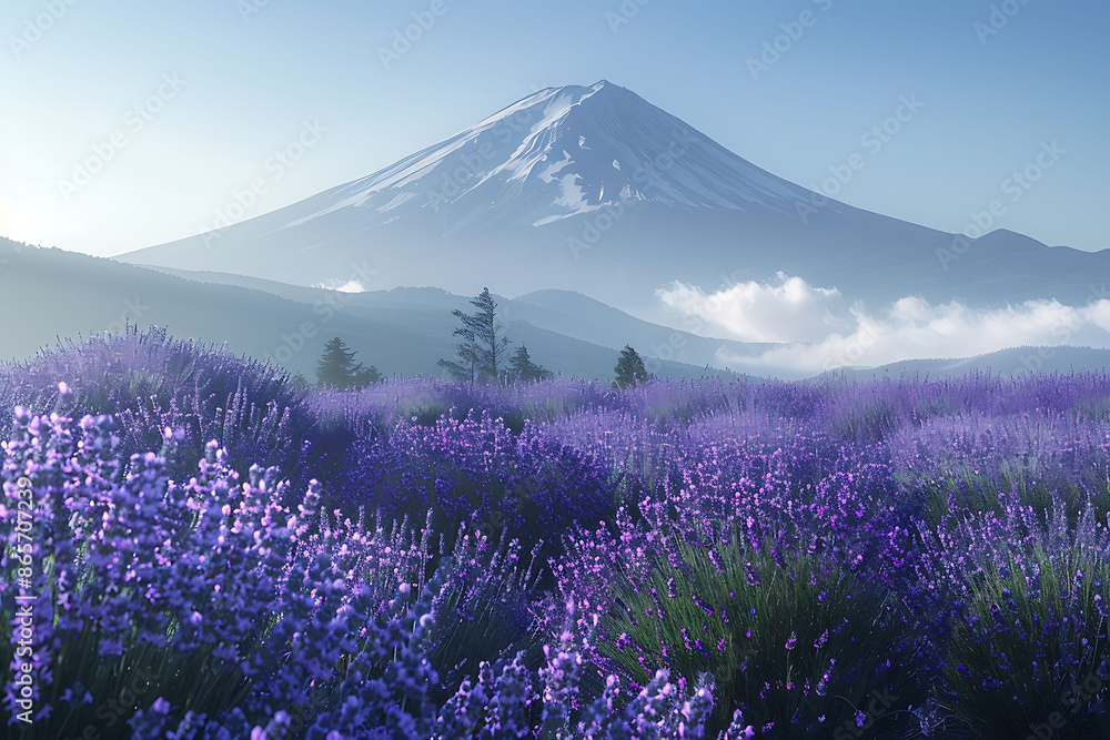Beneath towering peak of Mount Fuji Japan field of vibrant lavender ...