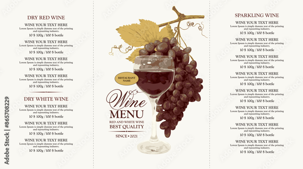 vector wine menu template with price list for a restaurant or bar with ...