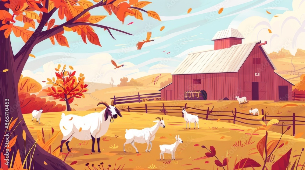 Farm animals and a landscape are illustrated in this animated cartoon ...