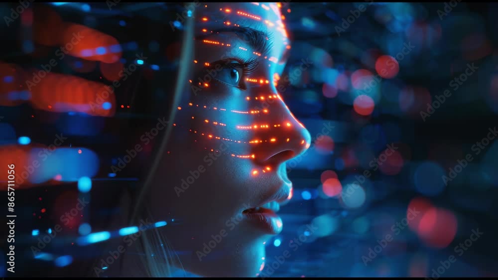 Ai generative, Deepfake, A digital face with red and blue lines ...