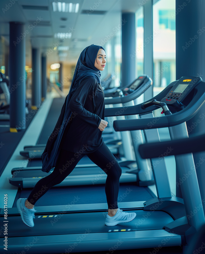 Full body portrait of a Muslim woman wearing hijab and abaya running on ...