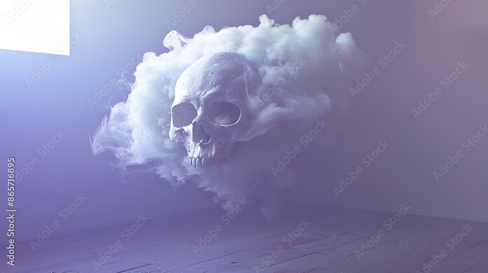 Surreal scene of a scary human skull floating in a dark purple empty ...