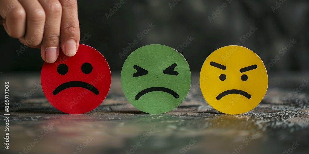 Hand picking up the red angry face and throw it away, from green happy ...