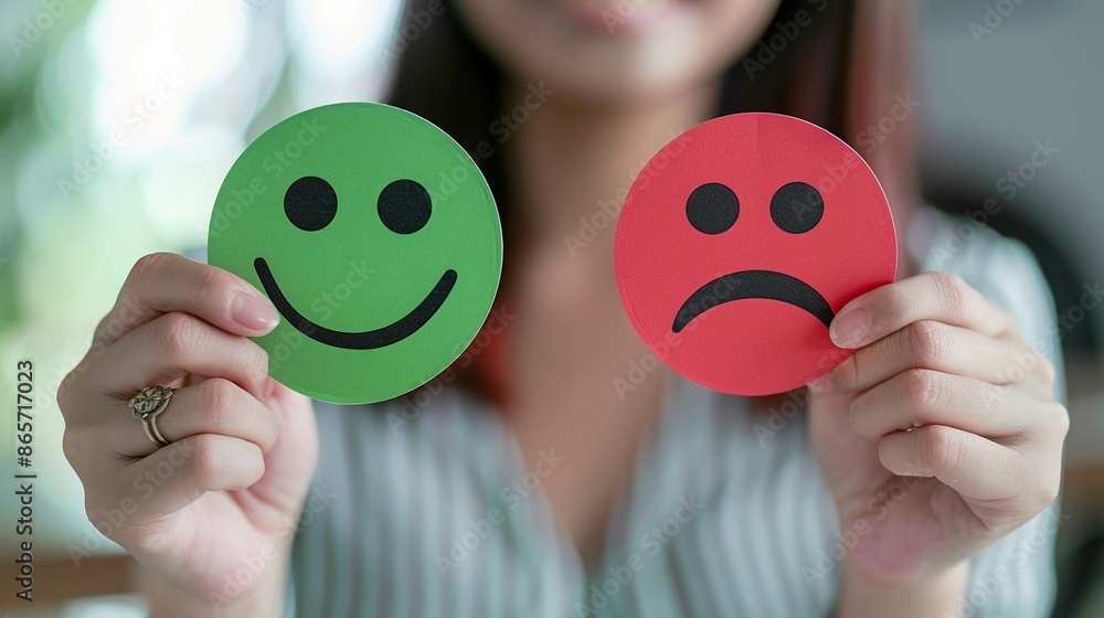 Customer giving rating and review with happy or sad face icons by ...