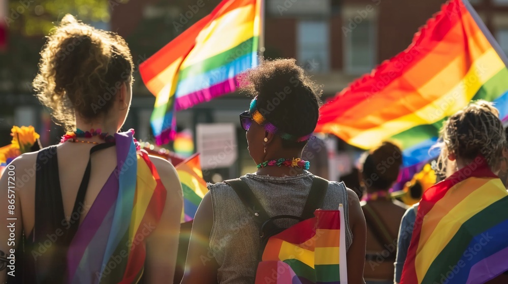 Pride people crowd with rainbows flags and signs in the annual Pride ...