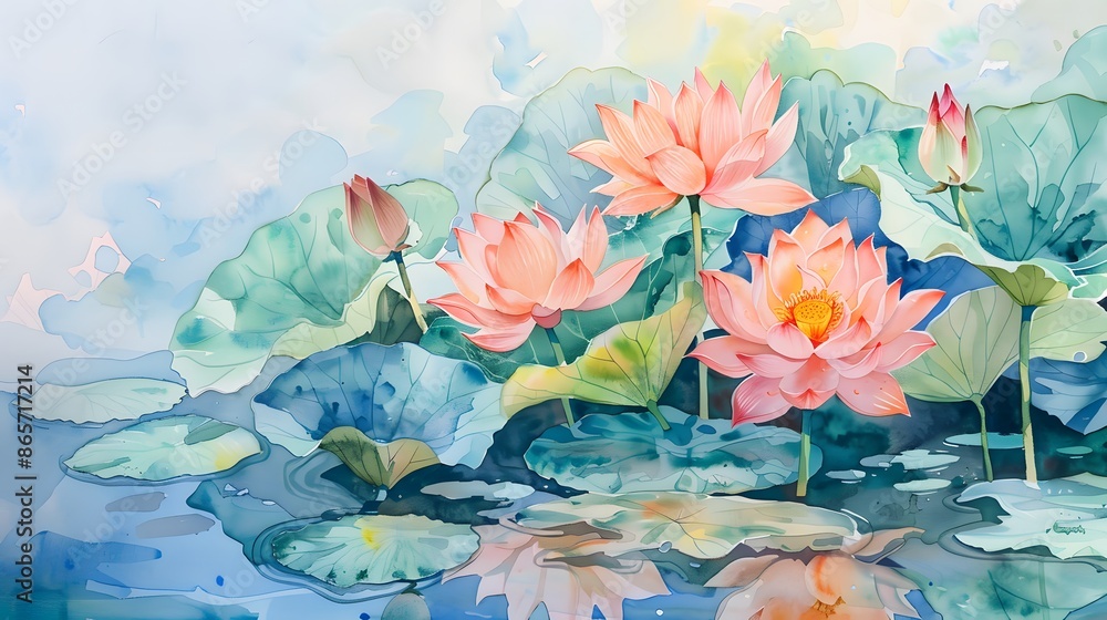 Beautiful watercolor painting of lotus flowers and leaves in a pond, in ...