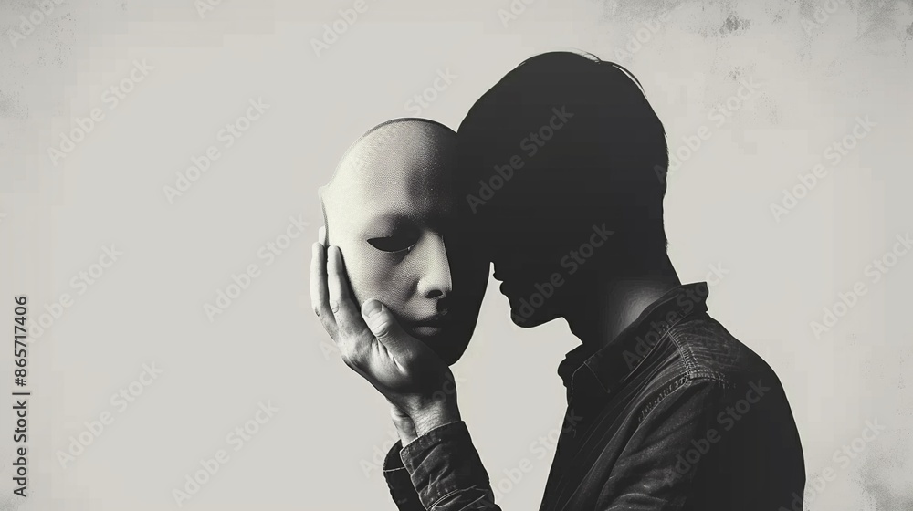 Surreal scene of a man in dark covering his face with fake mask ...