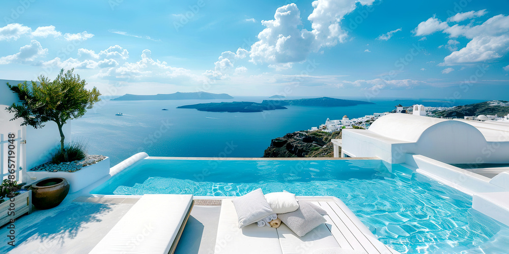 Terrace with sunbeds on rooftop. Swimming pool on roof with clear blue water with stunning sea ...