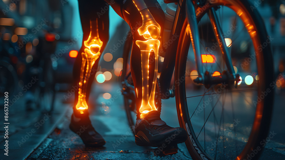 Cyclist practicing dynamic hip stretches with glowing xray hips ...
