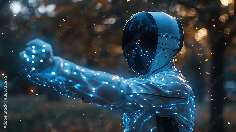 ภาพประกอบสต็อก Fencer doing dynamic shoulder stretches with glowing ...