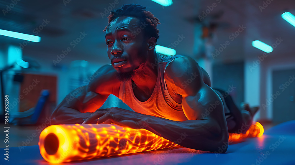 Football player in physical therapy using a foam roller with glowing ...