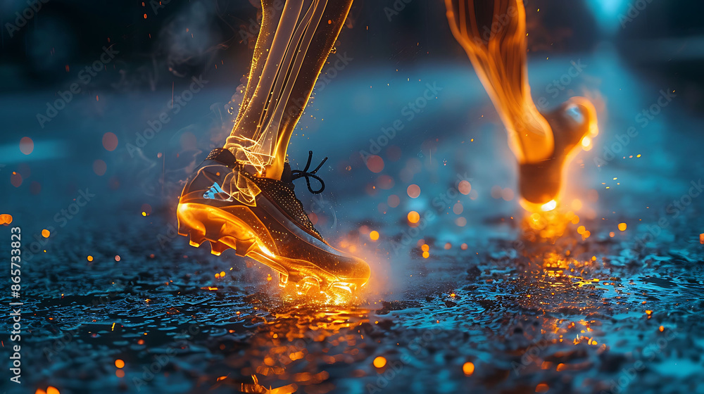 Football player with a glowing xray effect on the hamstring performing ...