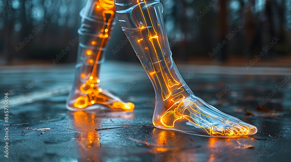 Martial artist practicing proper kicking techniques with a glowing xray ...