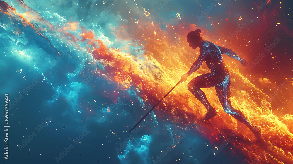 Pole vaulter in an abstract scene performing dynamic back stretches ...