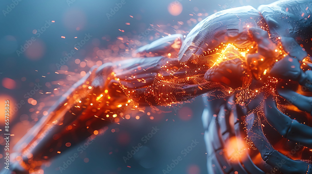 Rugby player doing dynamic shoulder stretches with glowing xray ...