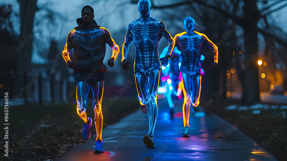 Runner doing high knees with glowing xray shins supervised by an ...