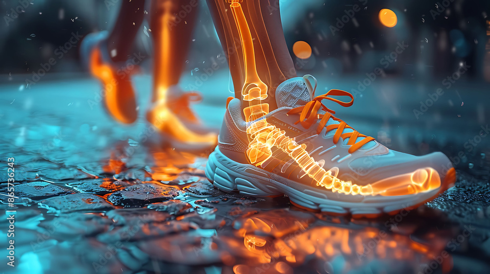 Runner practicing dynamic leg swings with glowing xray shins supervised ...