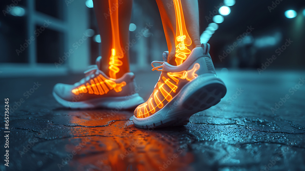 Runner practicing dynamic stretching with a glowing xray effect on the ...