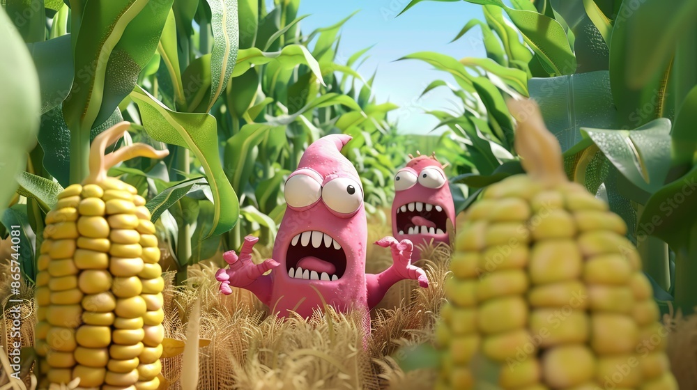 Two funny monsters made of corn are hiding in a corn field. They look ...