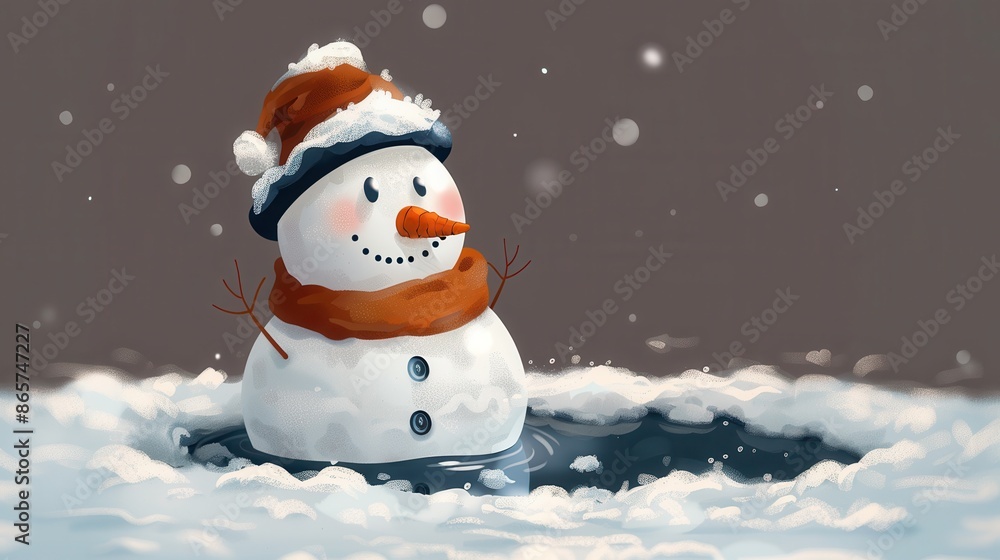 An illustrated snowman with a carrot nose and button eyes, wearing a ...