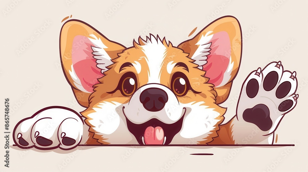 A delightful cartoon illustration of a corgi dog with a playful ...
