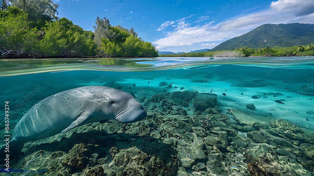 Foto de Rare dugong swimming a tropical bay showcasing the unique ...