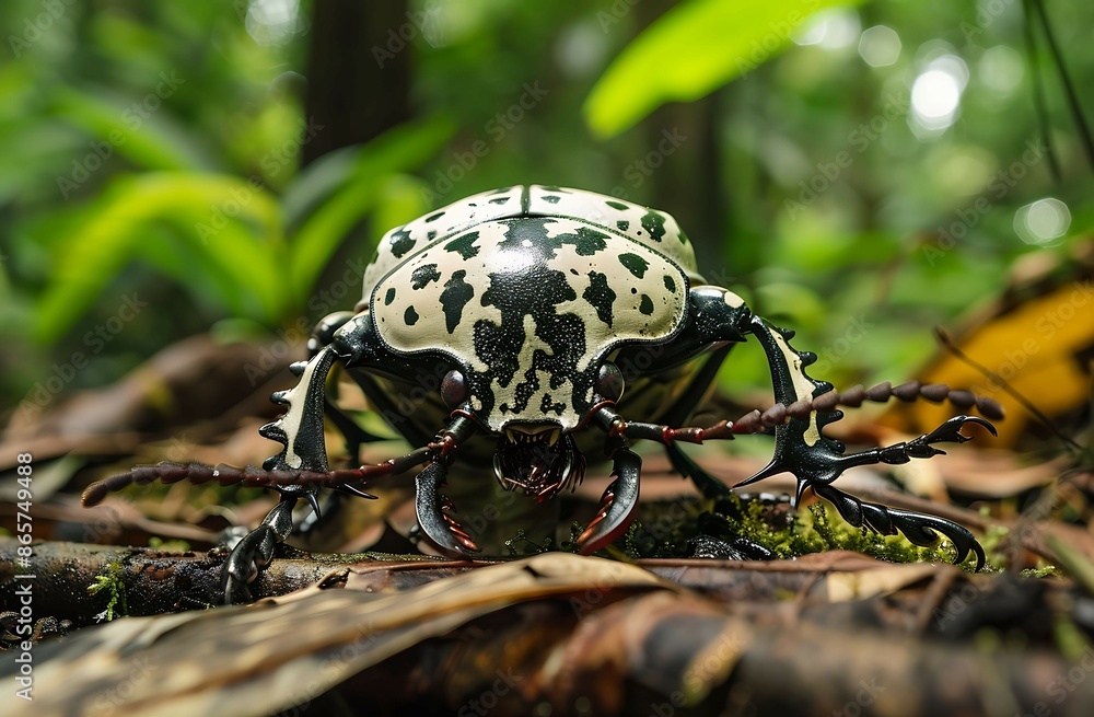 Rare Goliath beetle crawling a rainforest floor highlighting the unique ...