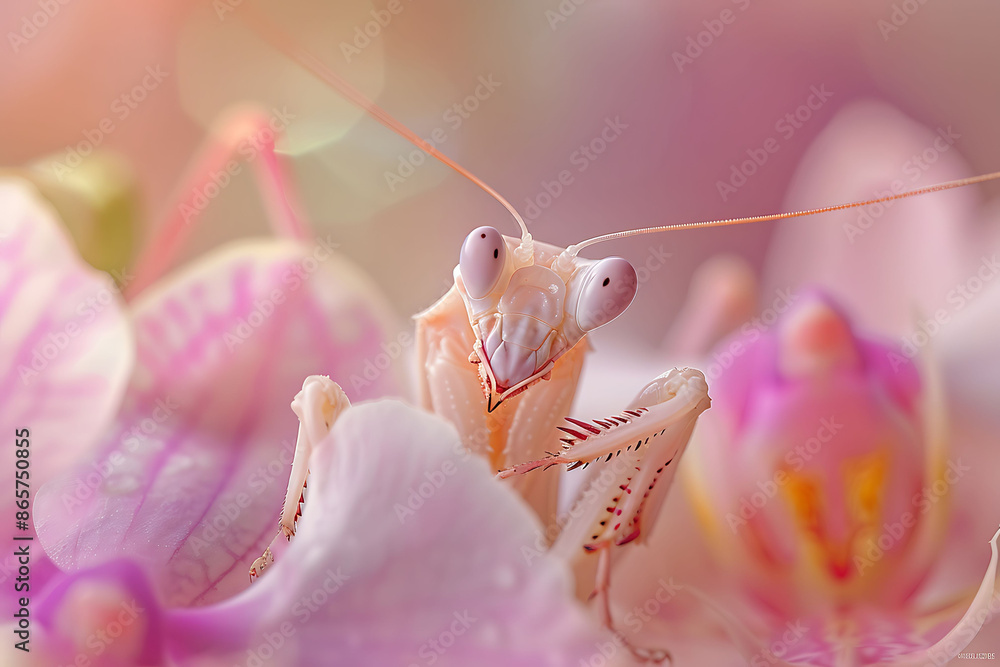 Rare orchid mantis blending into flower highlighting the camouflage of ...