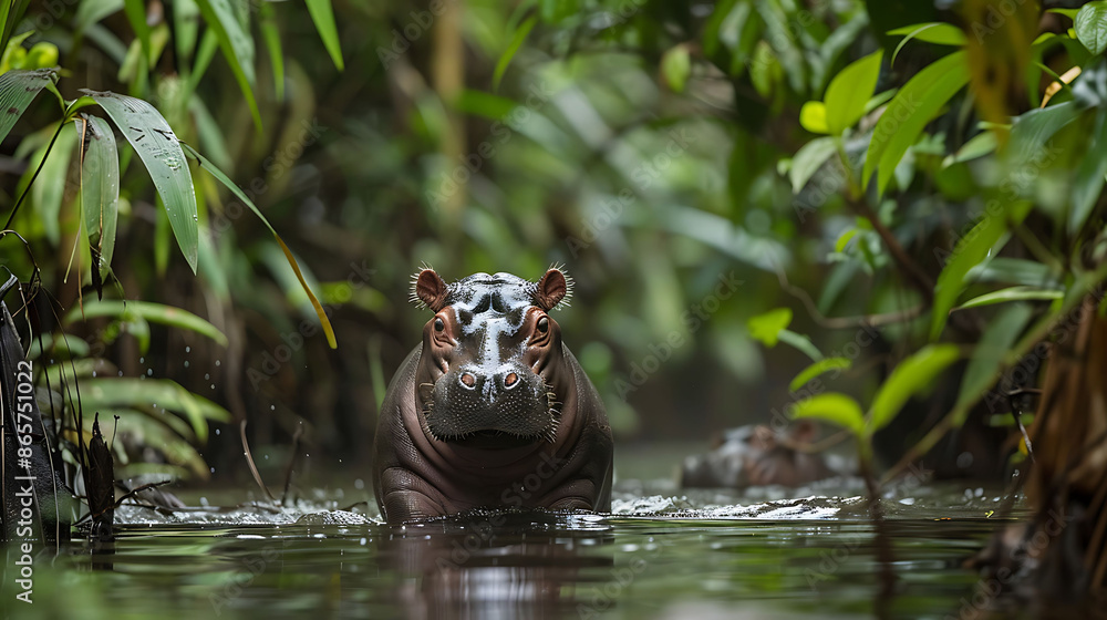 pygmy hippo wading a rainforest stream showcasing the unique nature and ...