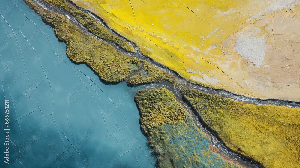 Representation of an overhead view showing land and water meeting with ...