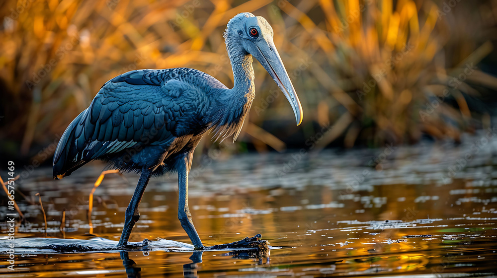 Rare shoebill stork wading through African wetland capturing the unique ...