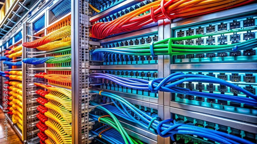 Colorful network cables plugged into a central hub in a sleek metal rack, showcasing organized ...