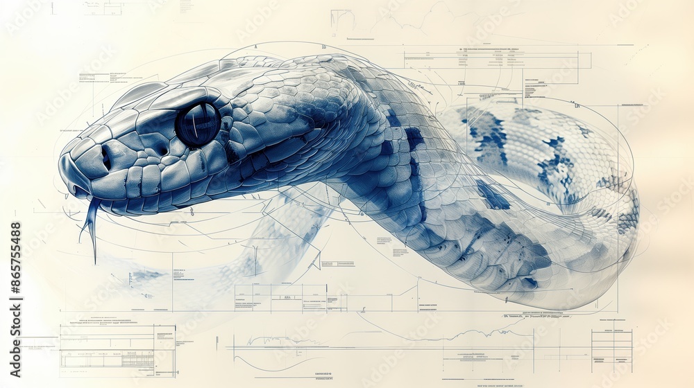 Blue Serpent Illustration with Intricate Technical Drawing Elements and ...