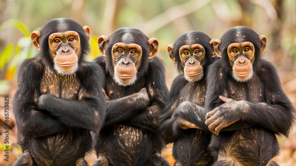 Four monkeys are sitting together in a line, with their arms crossed ...