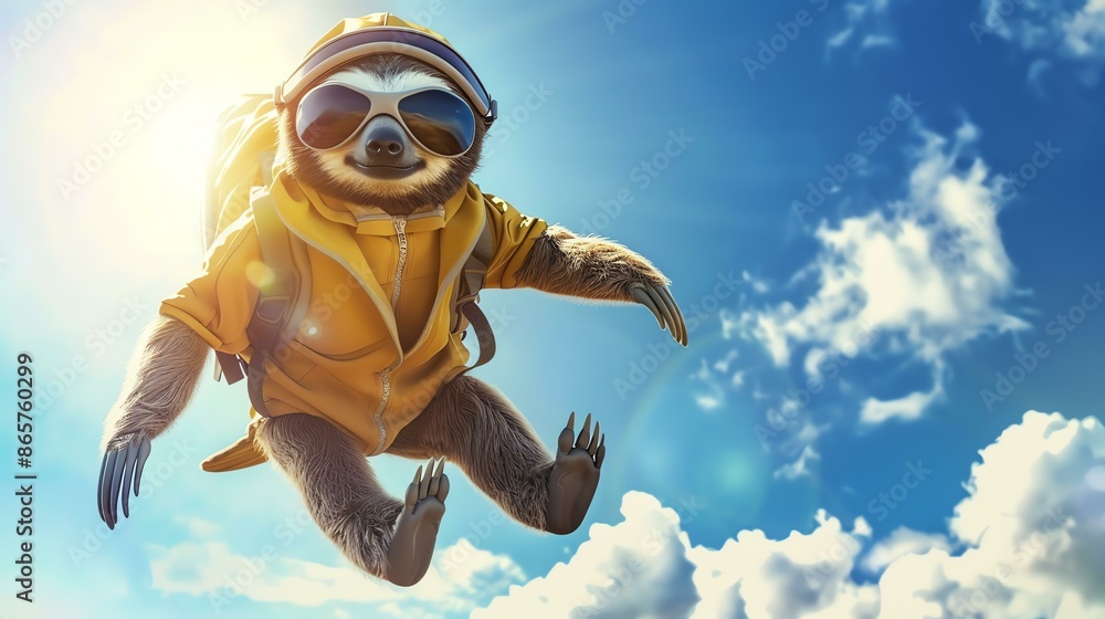 Sloth skydiving. A brave sloth is skydiving with a parachute. He is wearing a yellow jumpsuit ...