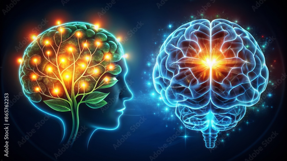 Illuminated brain with growth mindset symbol versus dark brain with ...