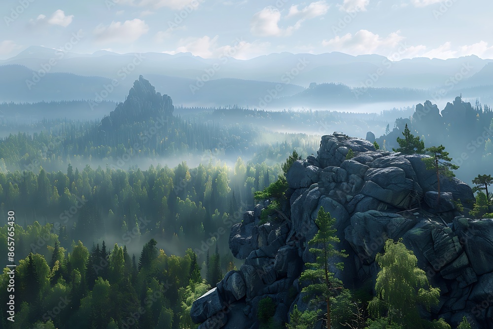Serene landscape of the Ural Mountains in Russia with their ancient ...