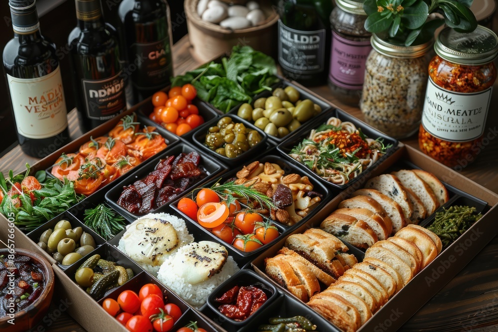 Gourmet Food Box with Wine and Variety of Snacks Stock Illustration ...