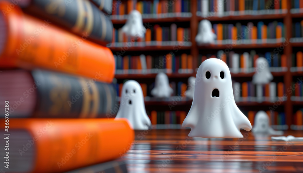 Haunted library 3D wallpaper with floating books and ghostly figures ...