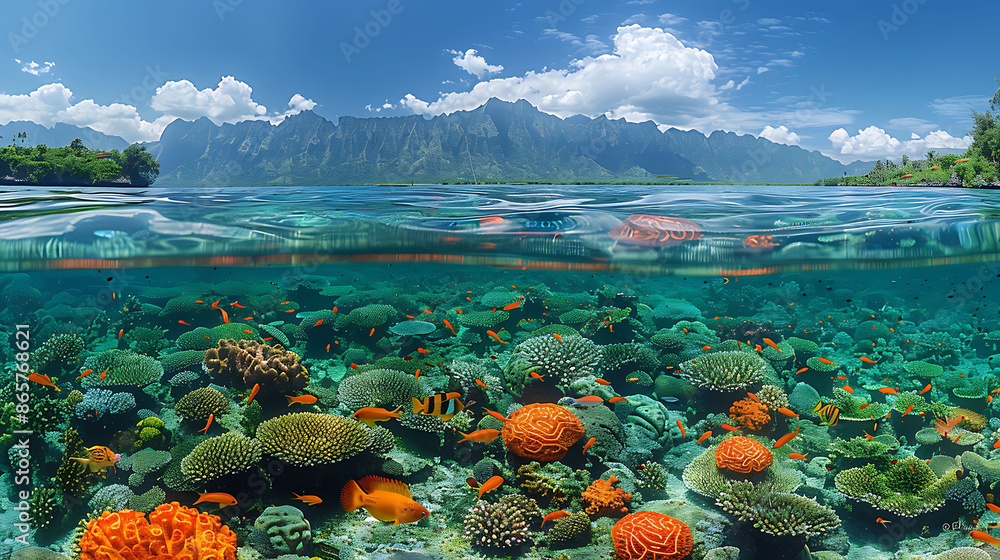 Tropical lagoon teeming biodiversity including colorful coral reefs and ...