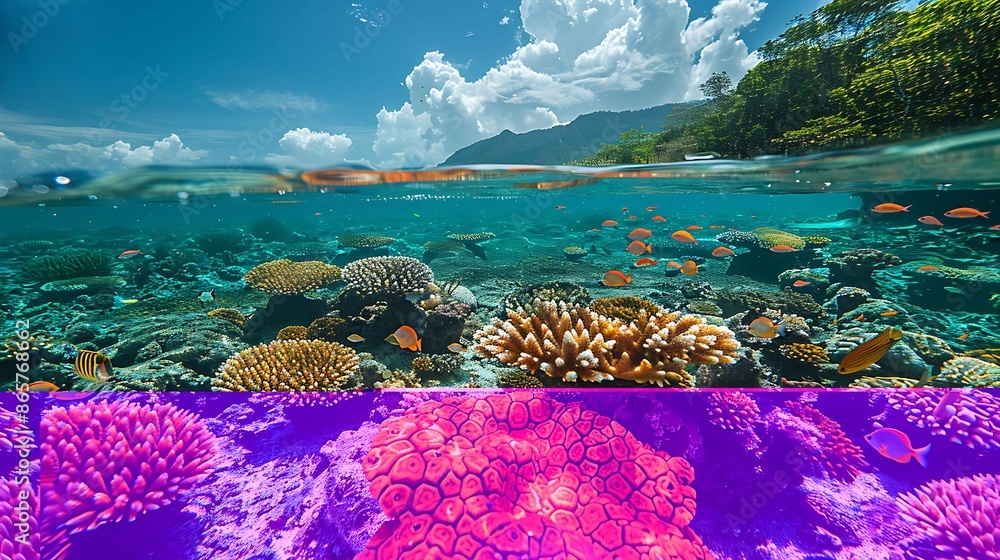 Tropical lagoon teeming biodiversity including colorful coral reefs and ...