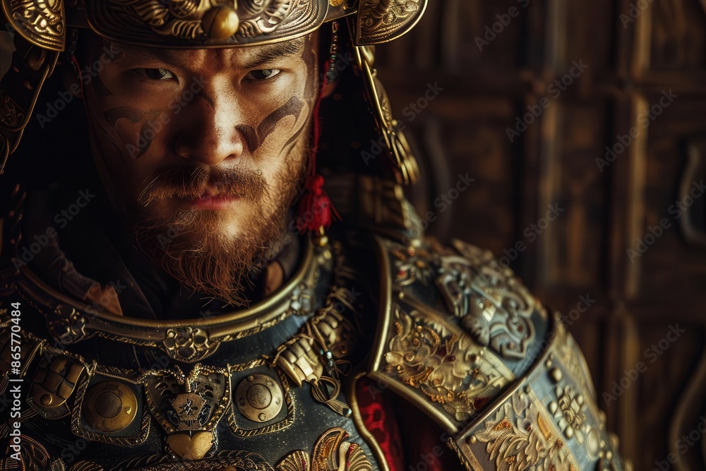 stoic warrior in ornate armor stands resolute intricate metalwork ...