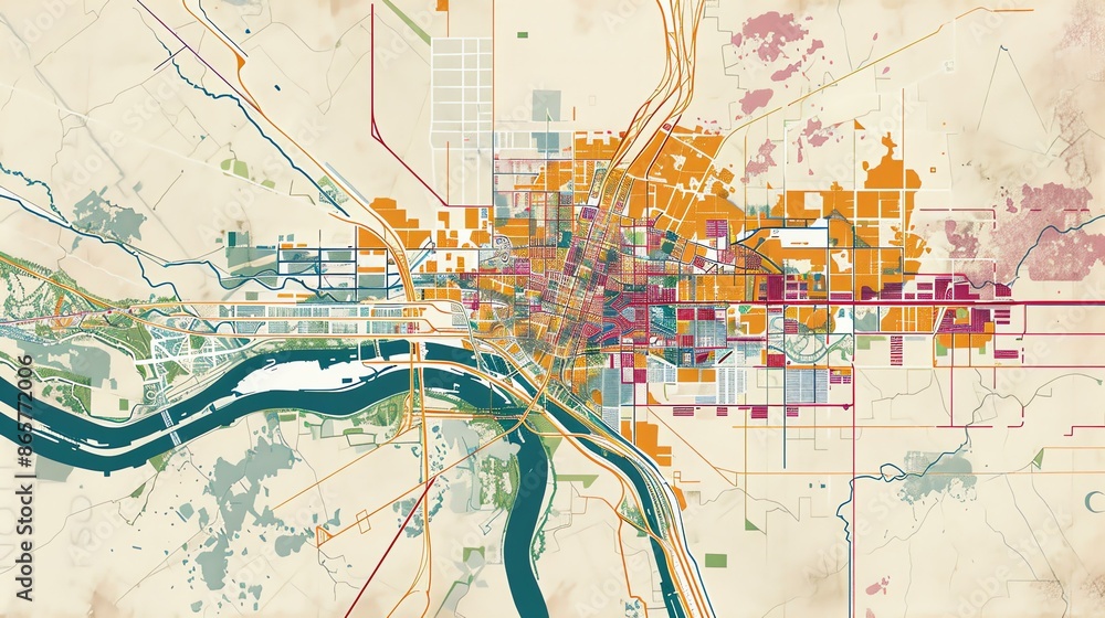 This is a map of a city. The map shows the layout of the streets, the ...